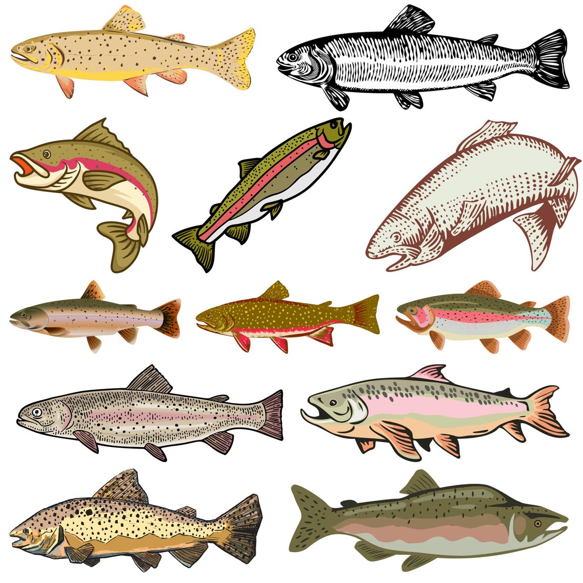 Trout SVG Bundle, Trout Outline, Trout Clipart, Jumping Trout Fish ...