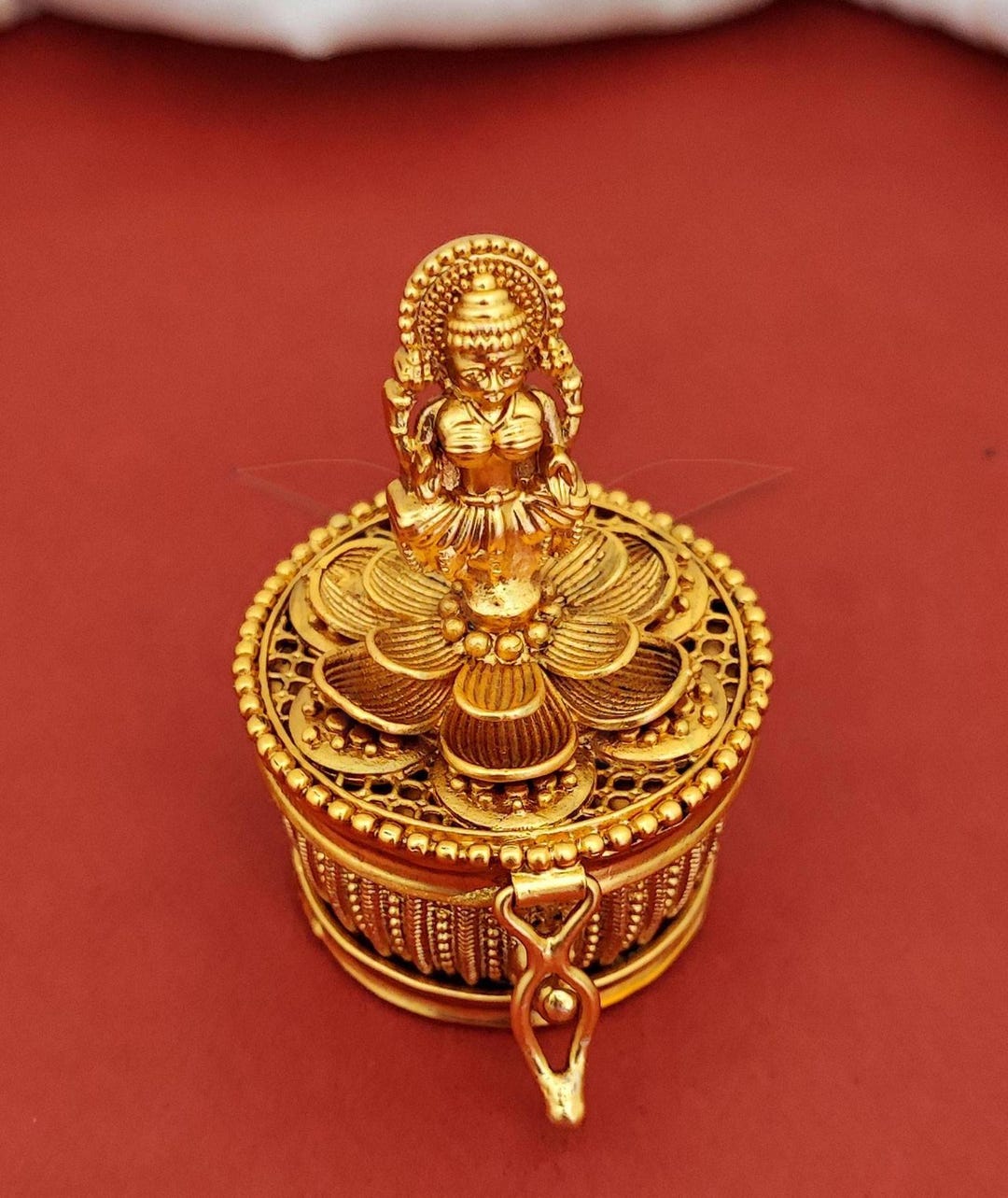 Lakshmi Goddess Gold Sindoor Box • Brass Kumkum Holder for Pooja ...