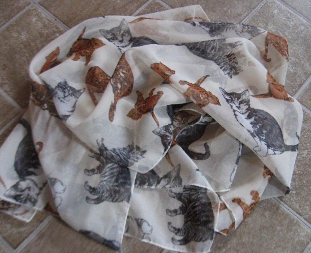 Sheer Long Scarf With Cats and Kittens - 19" X 60" - Etsy