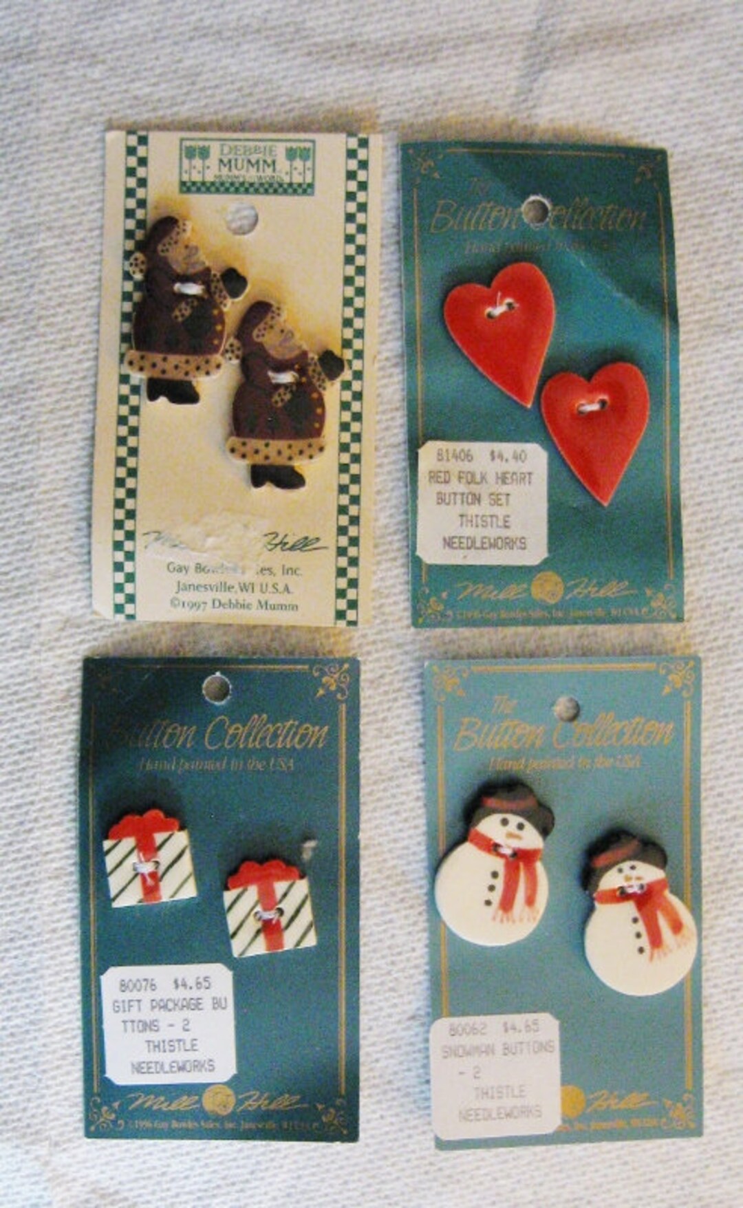 Debbie Mumm and Mill Hill Buttons Snowman, Hearts, Santa Claus, Wrapped ...