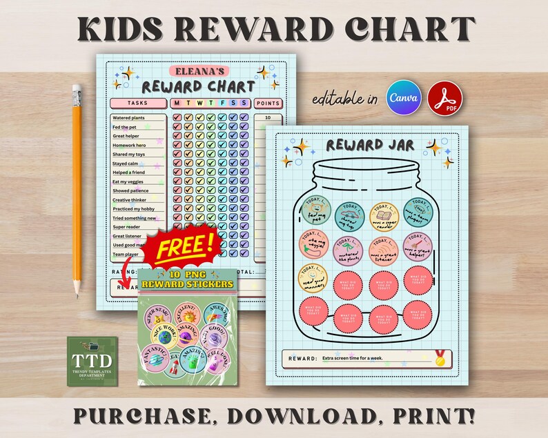 Editable Kids Reward Chart & Jar, Cleaning Checklist, Initiative, Responsibility, and Behavior ...