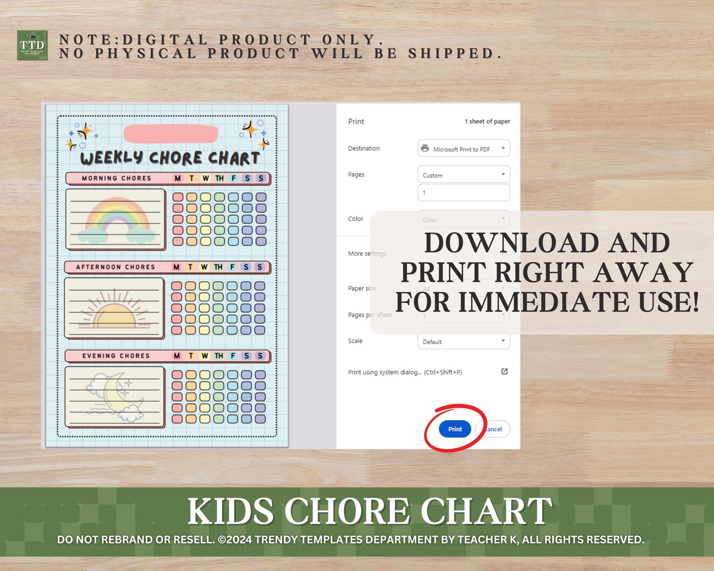 Editable Chore Chart Printable for Kids Weekly Cleaning Checklist and ...