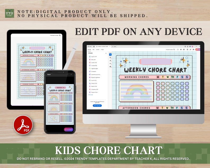 Editable Chore Chart Printable for Kids Weekly Cleaning Checklist and ...