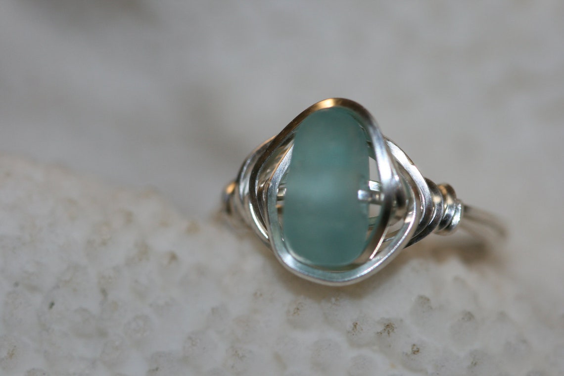 Aqua Sea Glass Beach Glass Ring Wire Wrapped in Sterling - Etsy UK