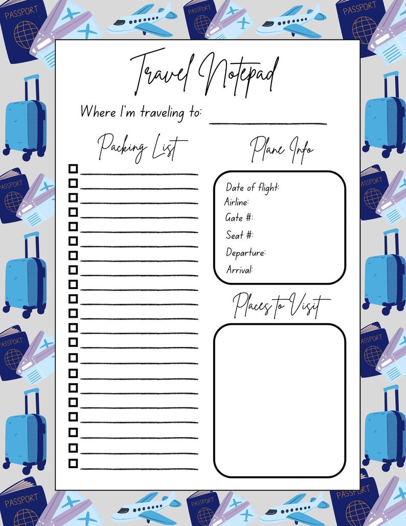 Digital Travel Notepad Printable - Etsy