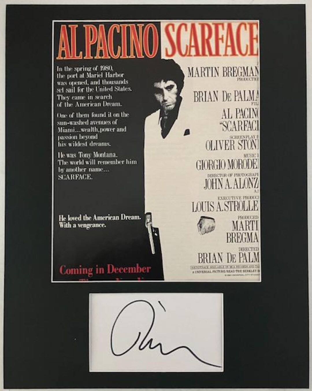 Rare Autographed Al Pacino Scarface Mafia 11 X 14 Display W ...