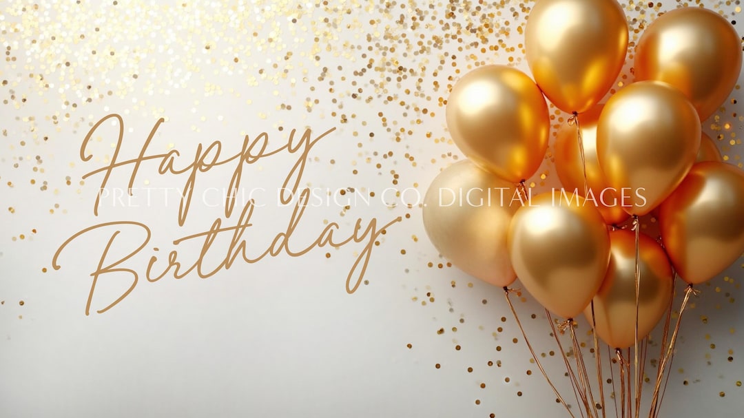 Happy Birthday Balloons Party Backdrop for Meetings, Golden Confetti ...