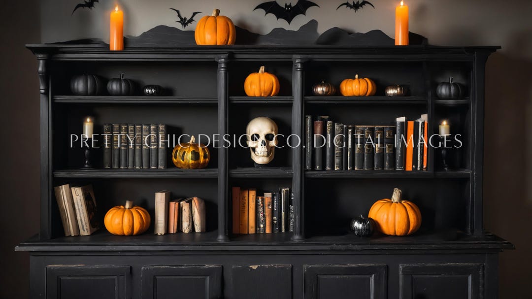 Zoom Background, Spooky Halloween Bookshelf Backdrop for Meetings ...