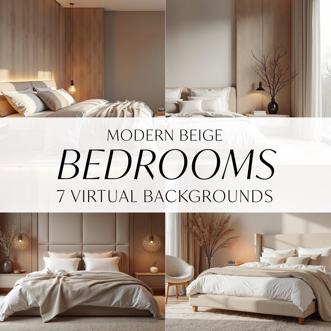 Modern Beige Bedroom Virtual Background Bundle, Pack of 7 Digital ...
