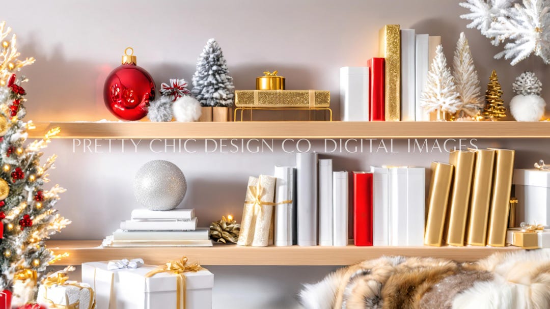 Holiday Bookshelf Zoom Background, Red Silver Fur Christmas Meetings ...