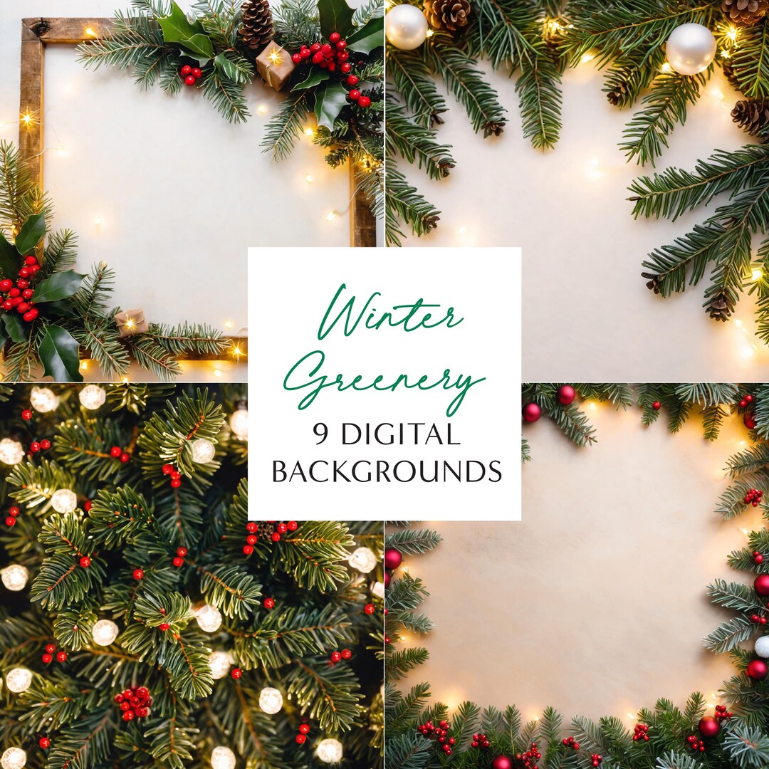 Winter Greenery Background Bundle, Pack of 9 Digital Background Images ...