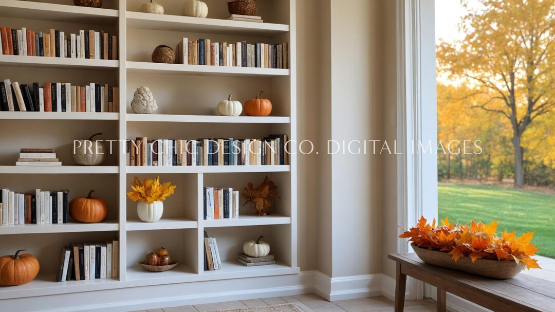 Fall Window Zoom Background, Autumn Shelves Background for Meetings ...