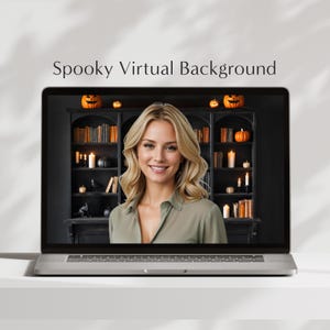 Zoom Background, Spooky Halloween Bookshelf Backdrop for Meetings, Virtual Office, Professional ...