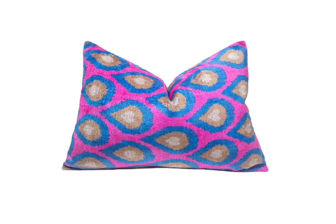 Pink Rain Ikat Pillow, Pink Velvet Lumbar Pillow, Pink and Blue ...