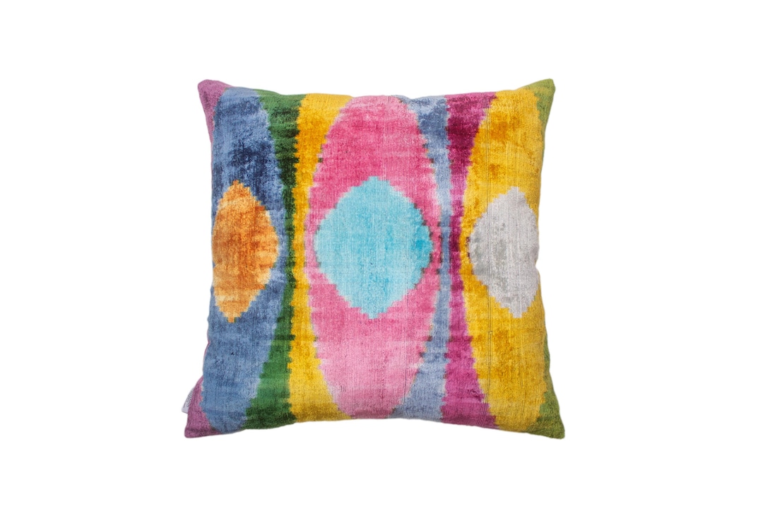 Colorful Ikat Velvet Pillow Cover | 20x20 Inch | Multi-tone Oval ...