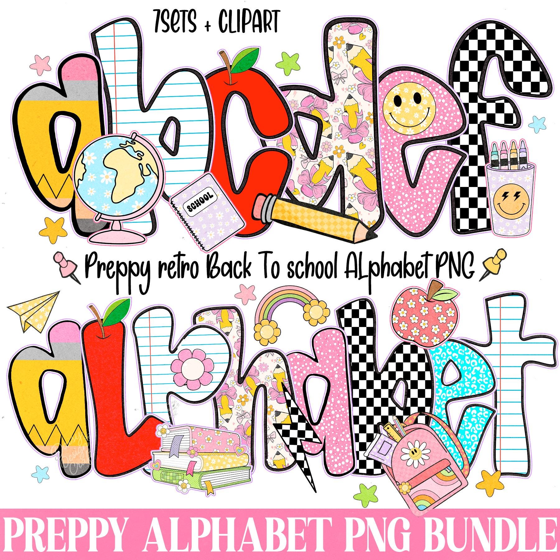 Preppy School Doodle Png Bundle, School Letters Png, Teacher Alphabet ...