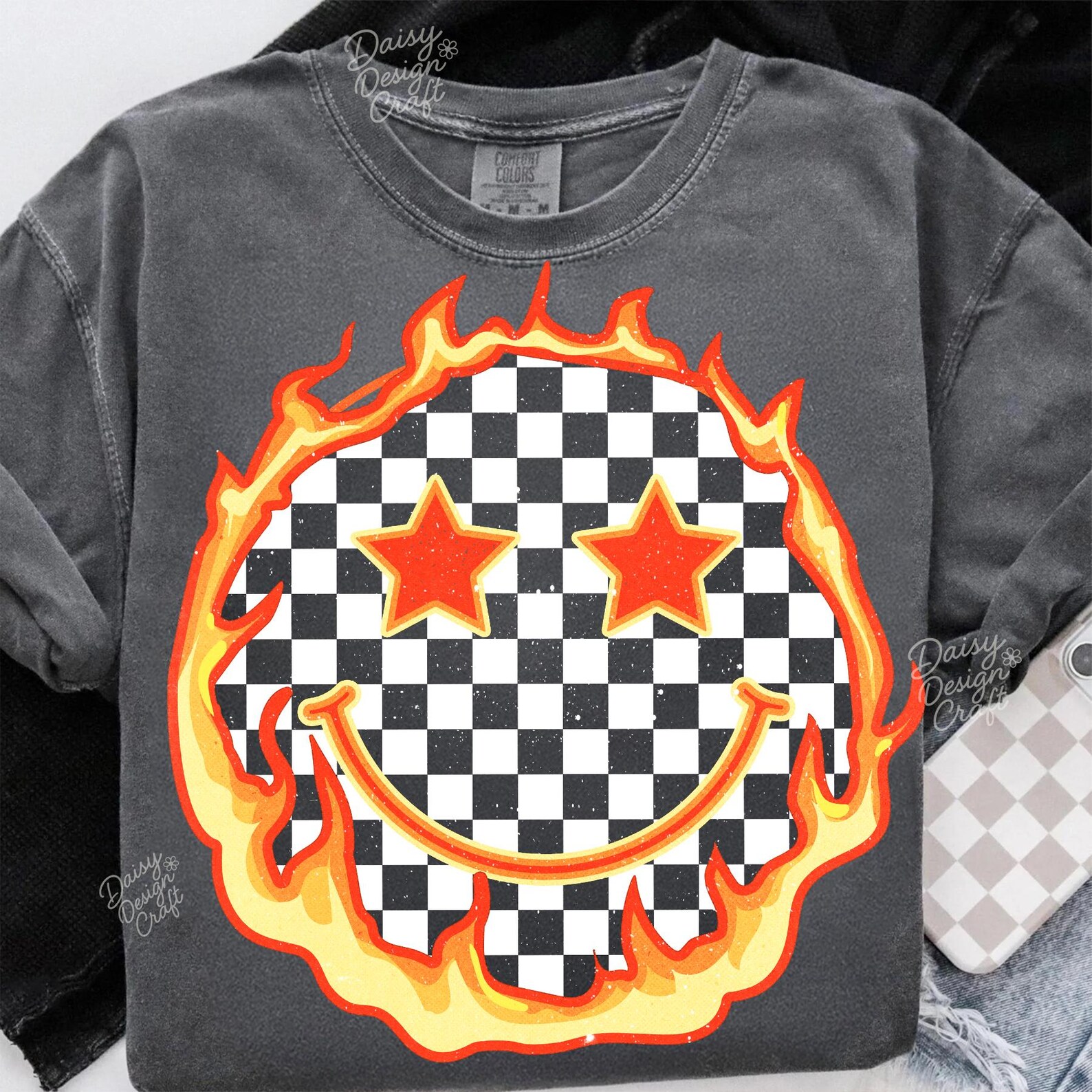 Retro Flame Checkered Smiley Face PNG, Trendy Mama Shirt Design ...