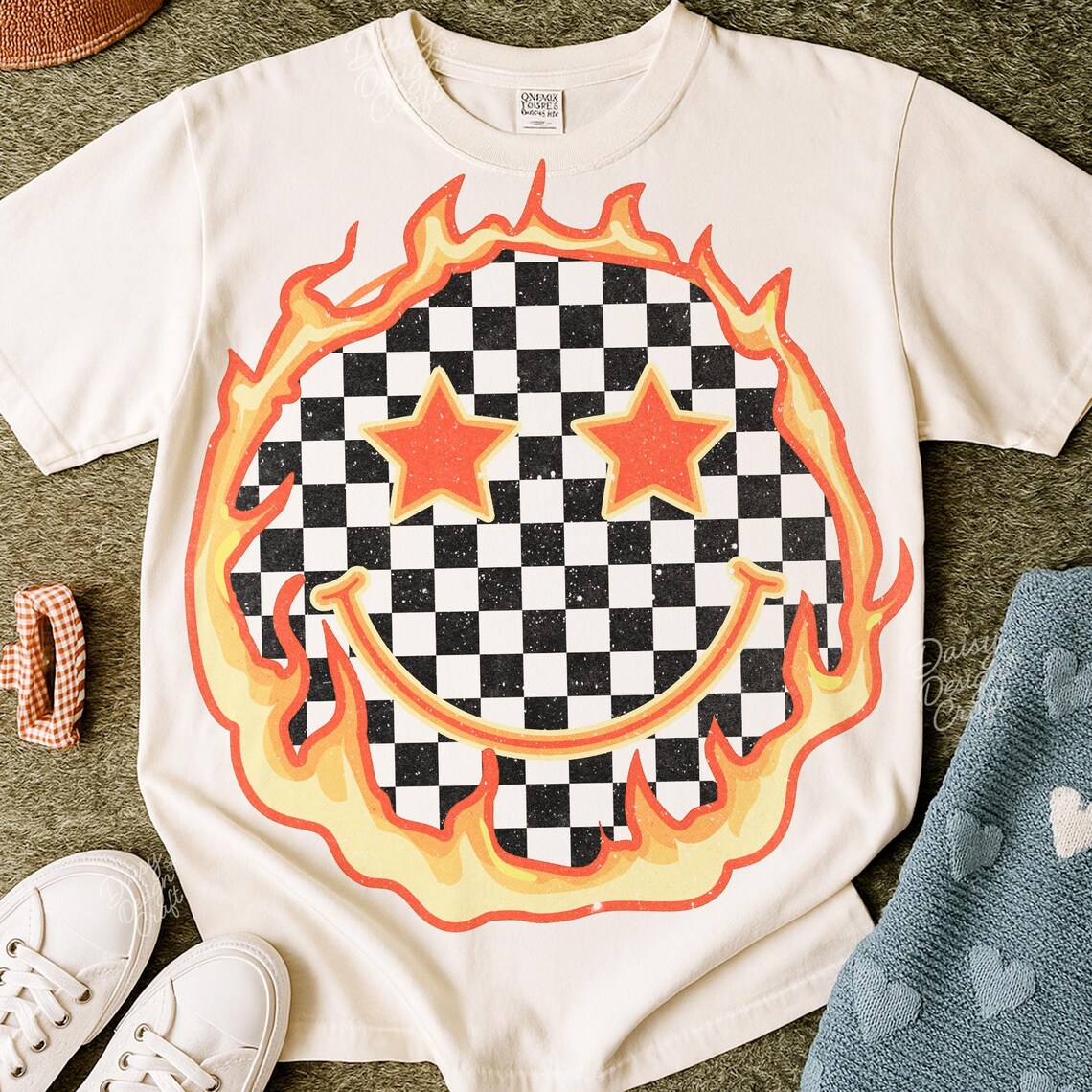 Retro Flame Checkered Smiley Face PNG, Trendy Mama Shirt Design ...