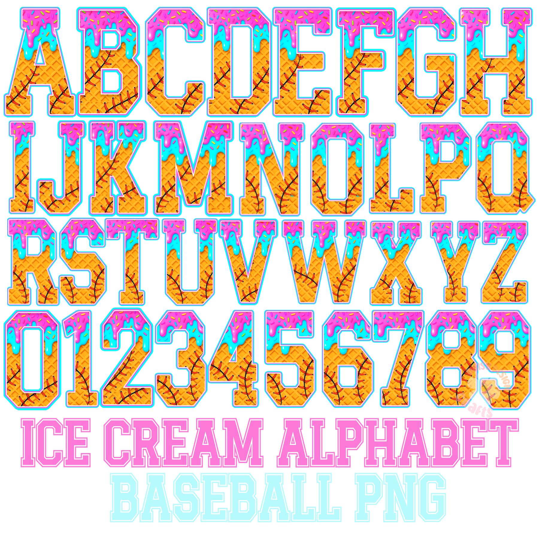 Baseball Ice Cream Drip Alphabet Doodle PNG, Pink & Blue Varsity ...