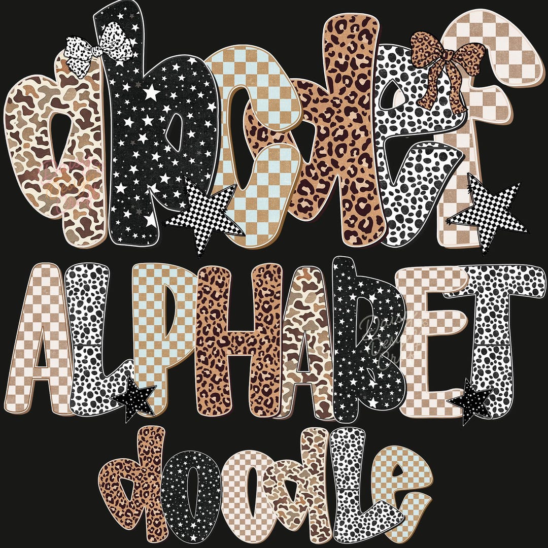 Retro Cheker Camo Leopard Alphabet PNG, Neutral Doodle Letters ...