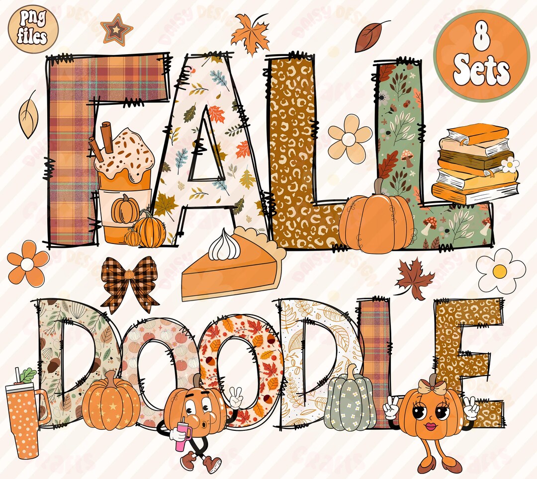 Fall Alphabet Doodle, Fall Clipart, Retro Fall Png, Fall Png Bundle ...