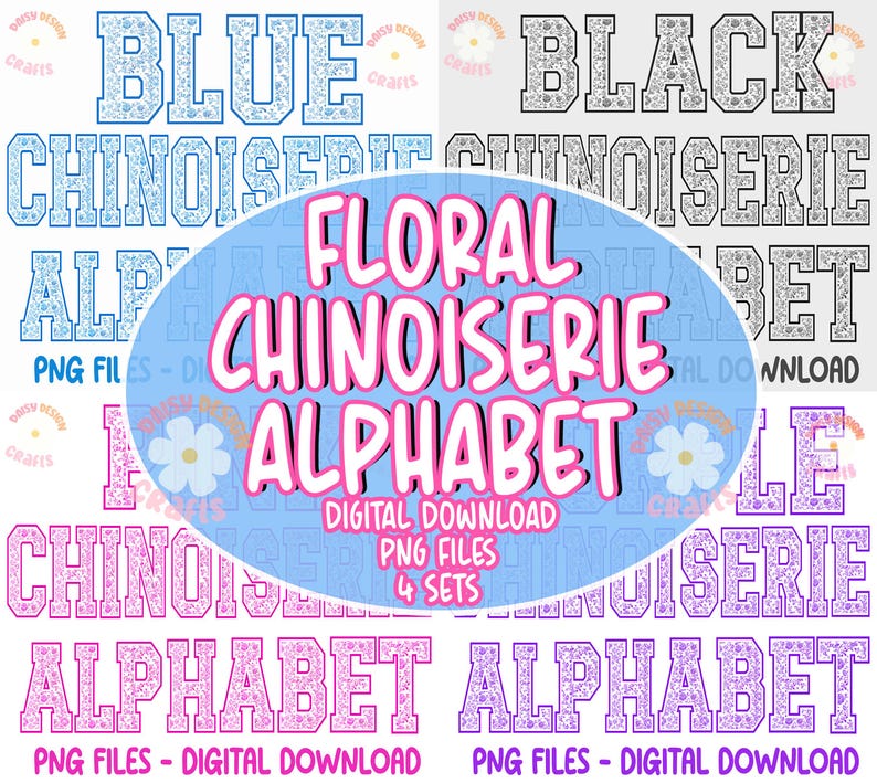Chinoiserie Alphabet PNG Bundle – Blue, Pink, Purple, Black Varsity ...
