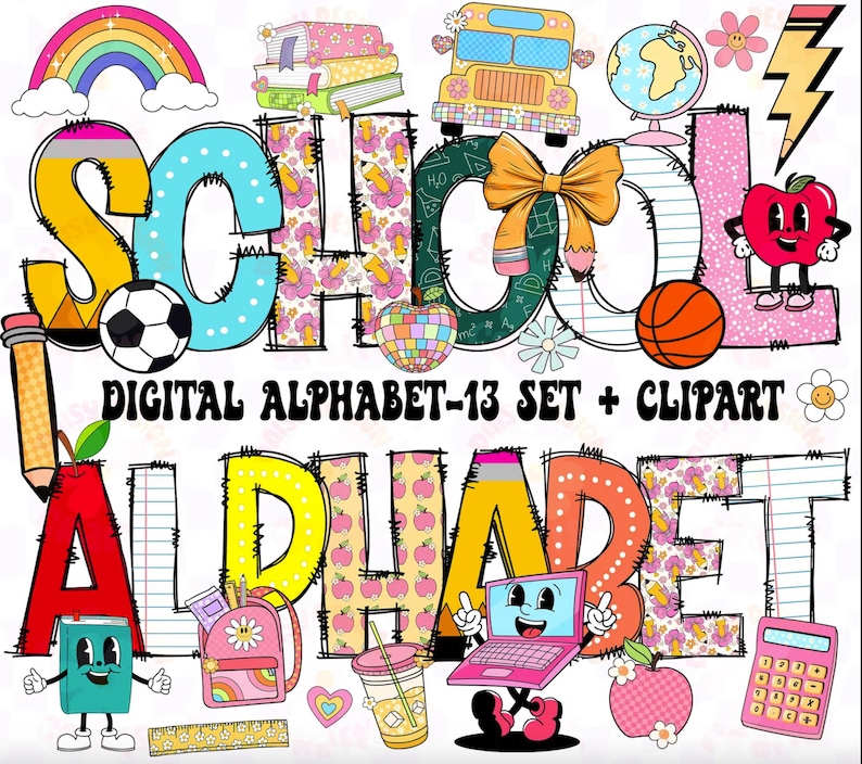 Back to School Alphabet Mega Bundle PNG, Retro Preppy School Alphabet ...