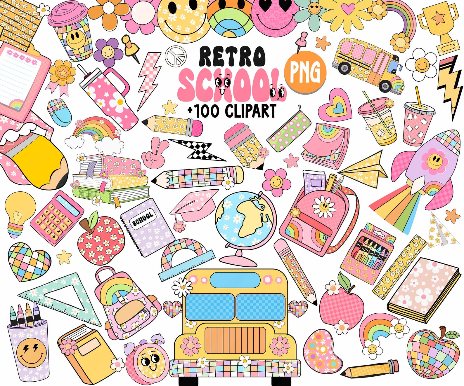 Groovy School Clipart Bundle, Retro Back to School Supplies Clip Art ...