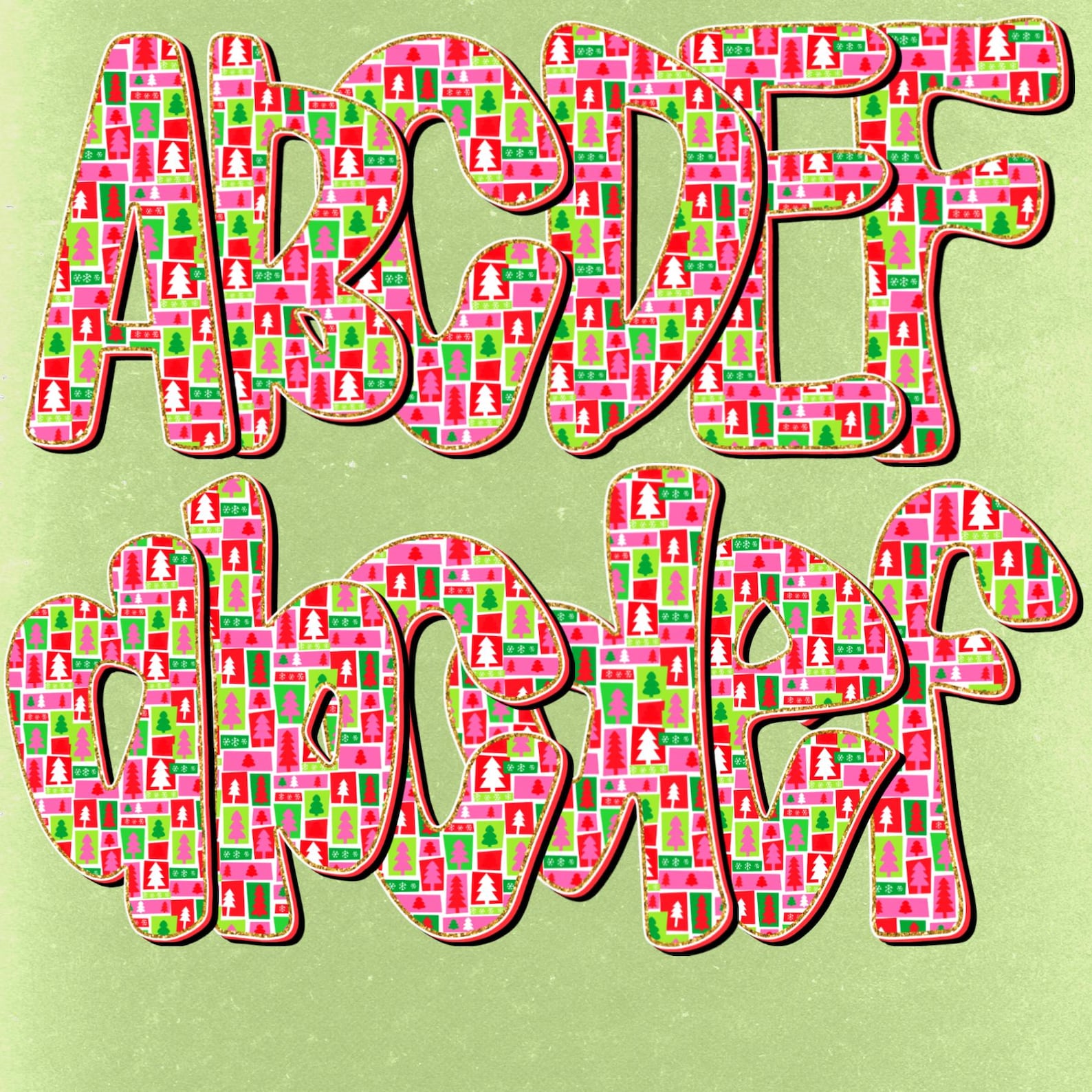 Preppy Christmas Alphabet Bundle PNG, Christmas Doodle Letters, Gingham ...