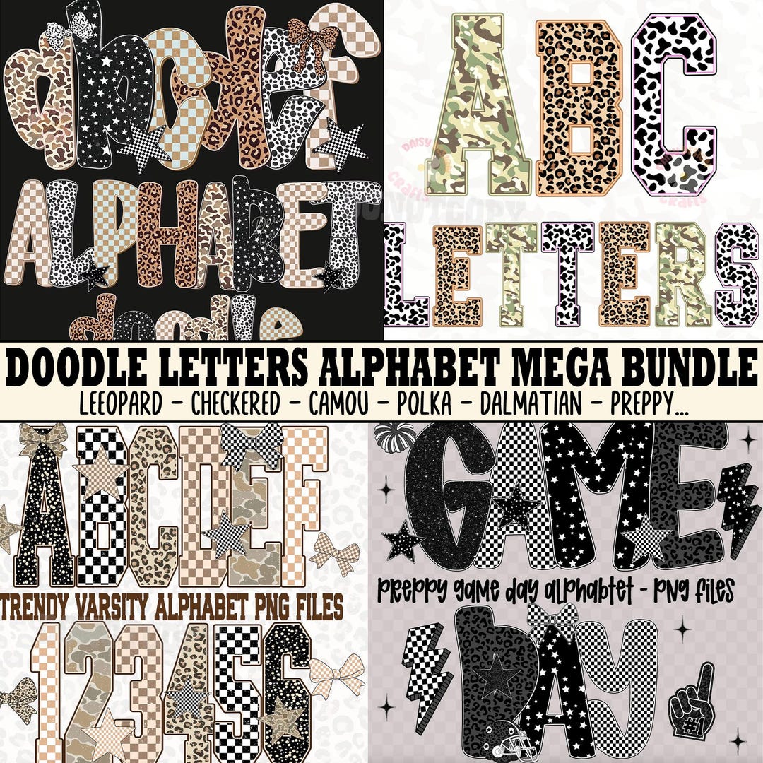 Doodle Letters Alphabet MEGA Bundle, Preppy Varsity Leopard Checkered ...