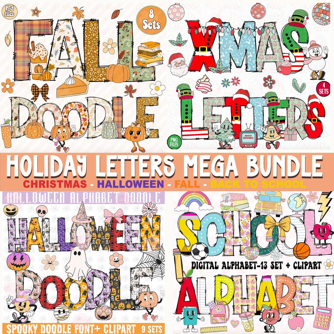 Doodle Alphabet Mega Bundle, Christmas Png Letters, Halloween Doodle ...