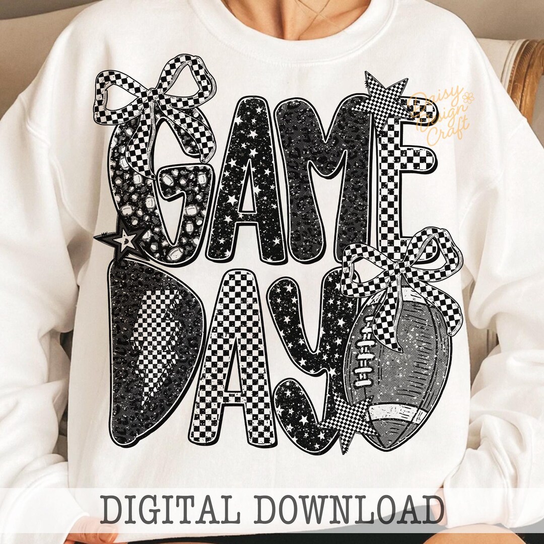 Preppy Glitter Game Day PNG, Black White Football Shirt Design ...