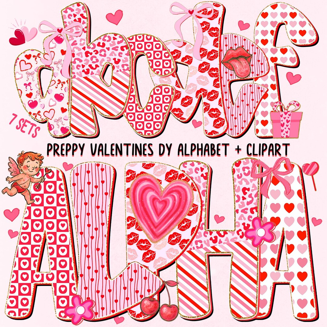 Preppy Christmas Alphabet Clipart: Retro Pink PNG Bundle, 7 Alpha Set ...