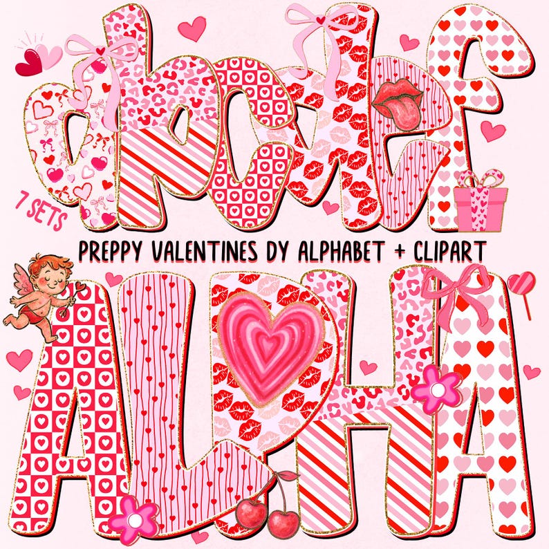 Preppy Christmas Alphabet Clipart: Retro Pink PNG Bundle, 7 Alpha Set ...