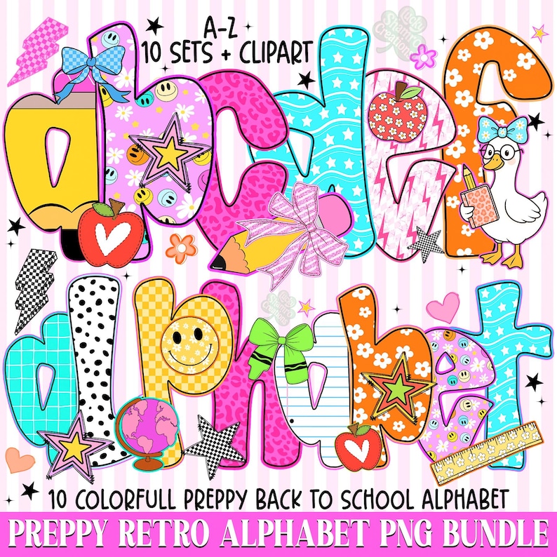 Back to School Alphabet Mega Bundle PNG, Retro Preppy School Alphabet ...