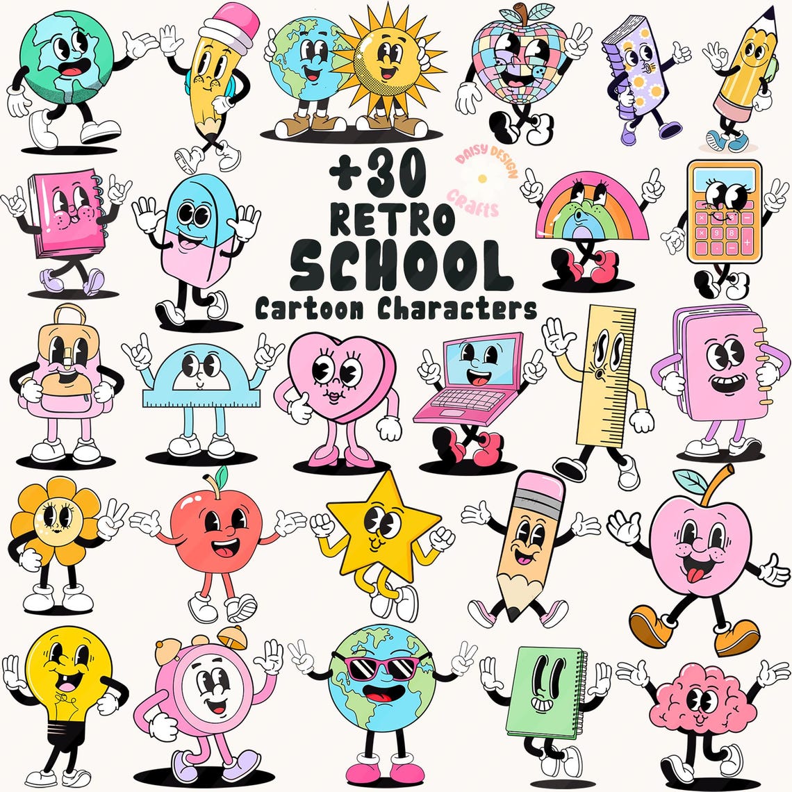 Retro School Characters Cartoon Bundle PNG, Groovy Back to School ...