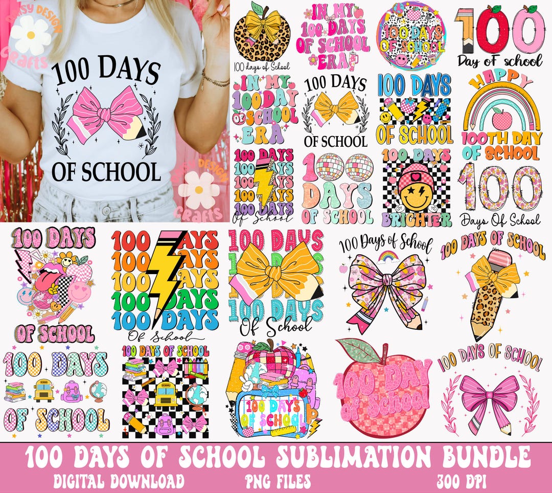 100 Days of School Png Bundle, Back to School Png Bundle, Retro Kids ...