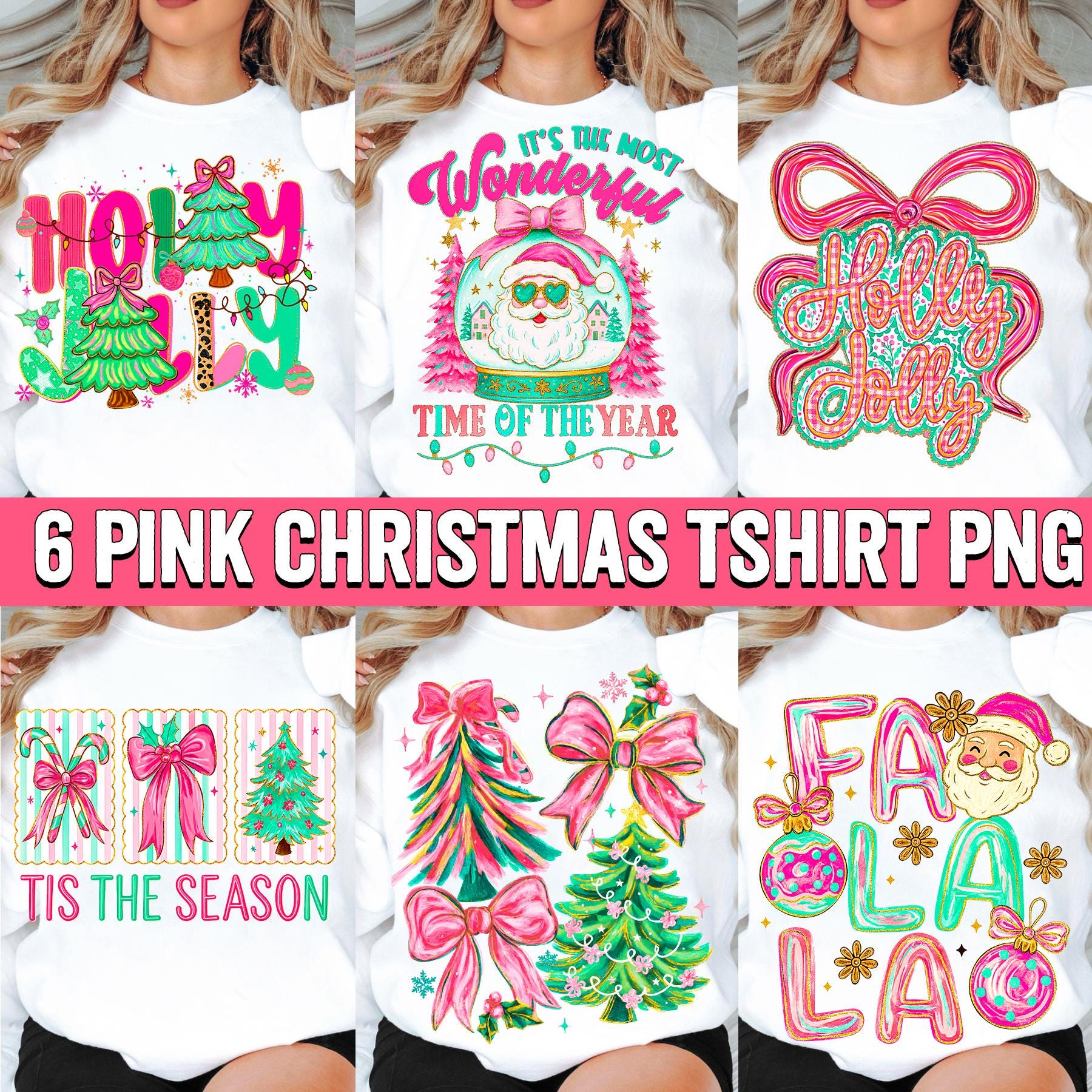 Preppy Pink Christmas PNG Bundle, Merry & Bright PNG, Girly Christmas ...