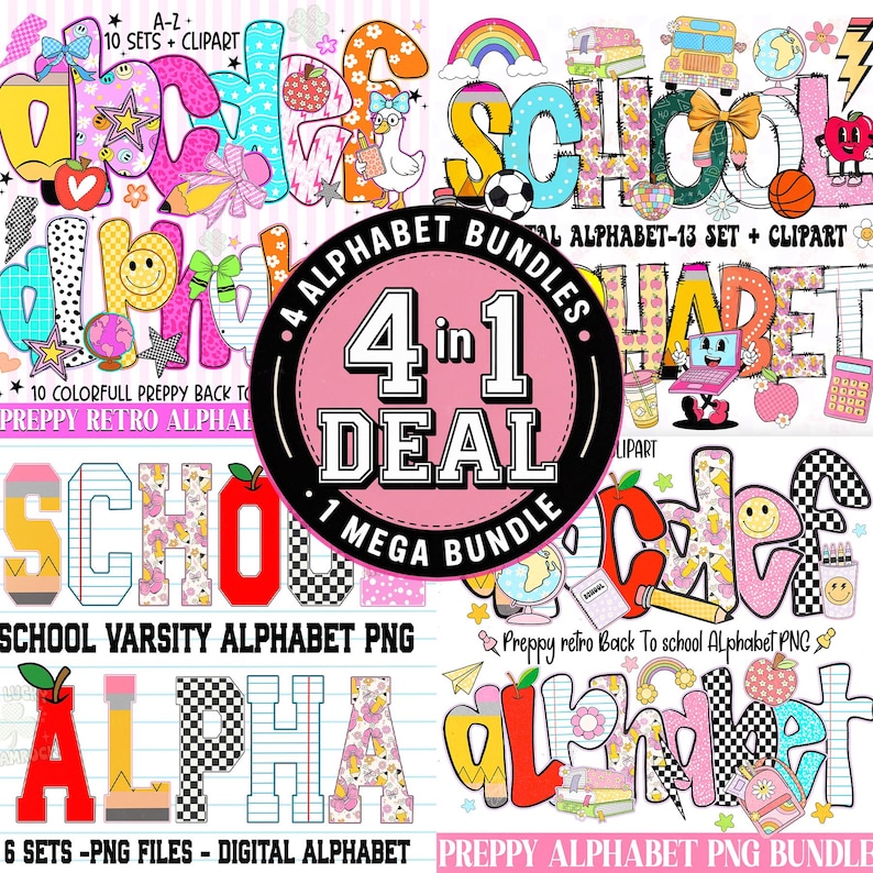 Back to School Alphabet Mega Bundle PNG, Retro Preppy School Alphabet ...