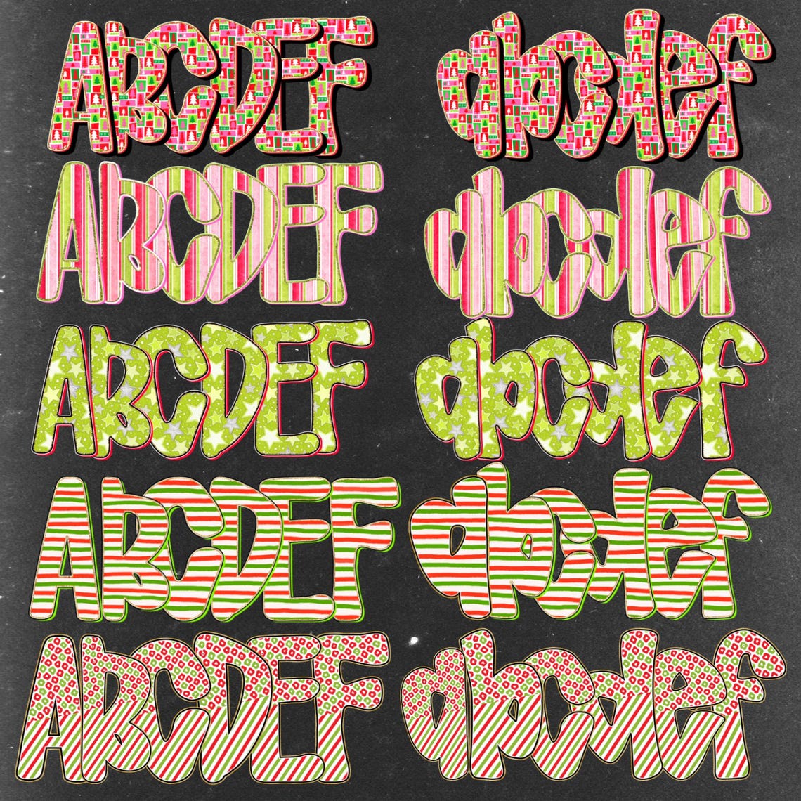 Preppy Christmas Alphabet Bundle PNG, Christmas Doodle Letters, Gingham ...