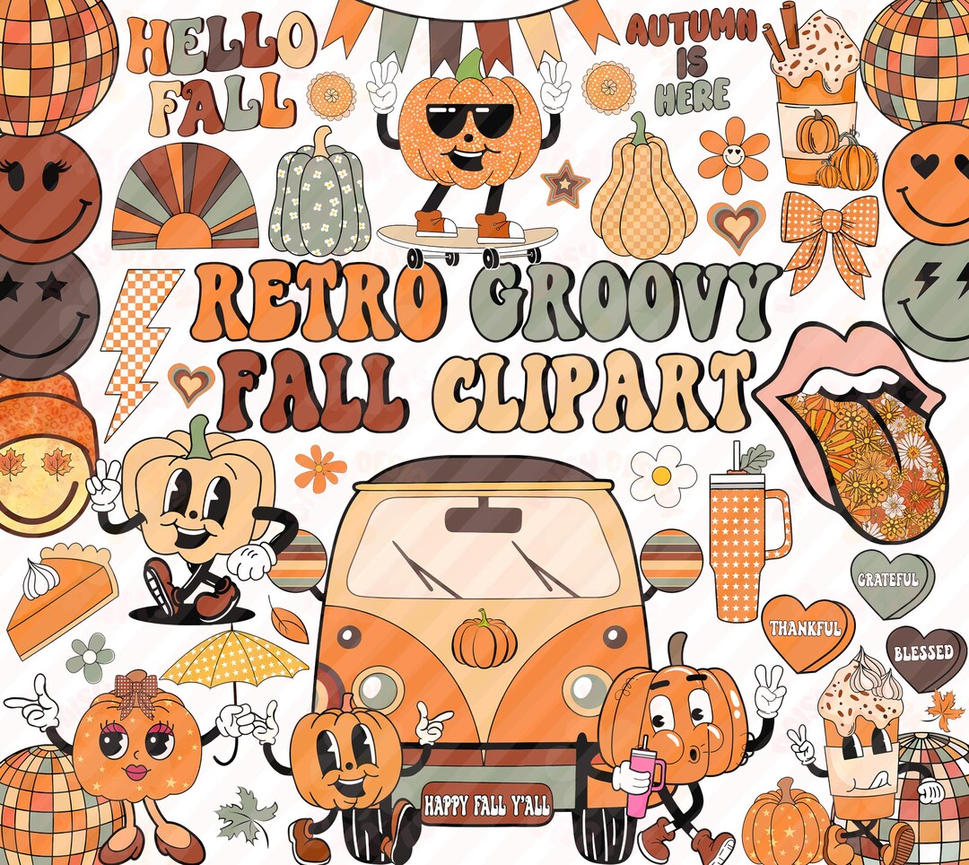 Retro Fall Clipart Png Bundle, Groovy Fall Png Bundle, Autumn Clipart ...