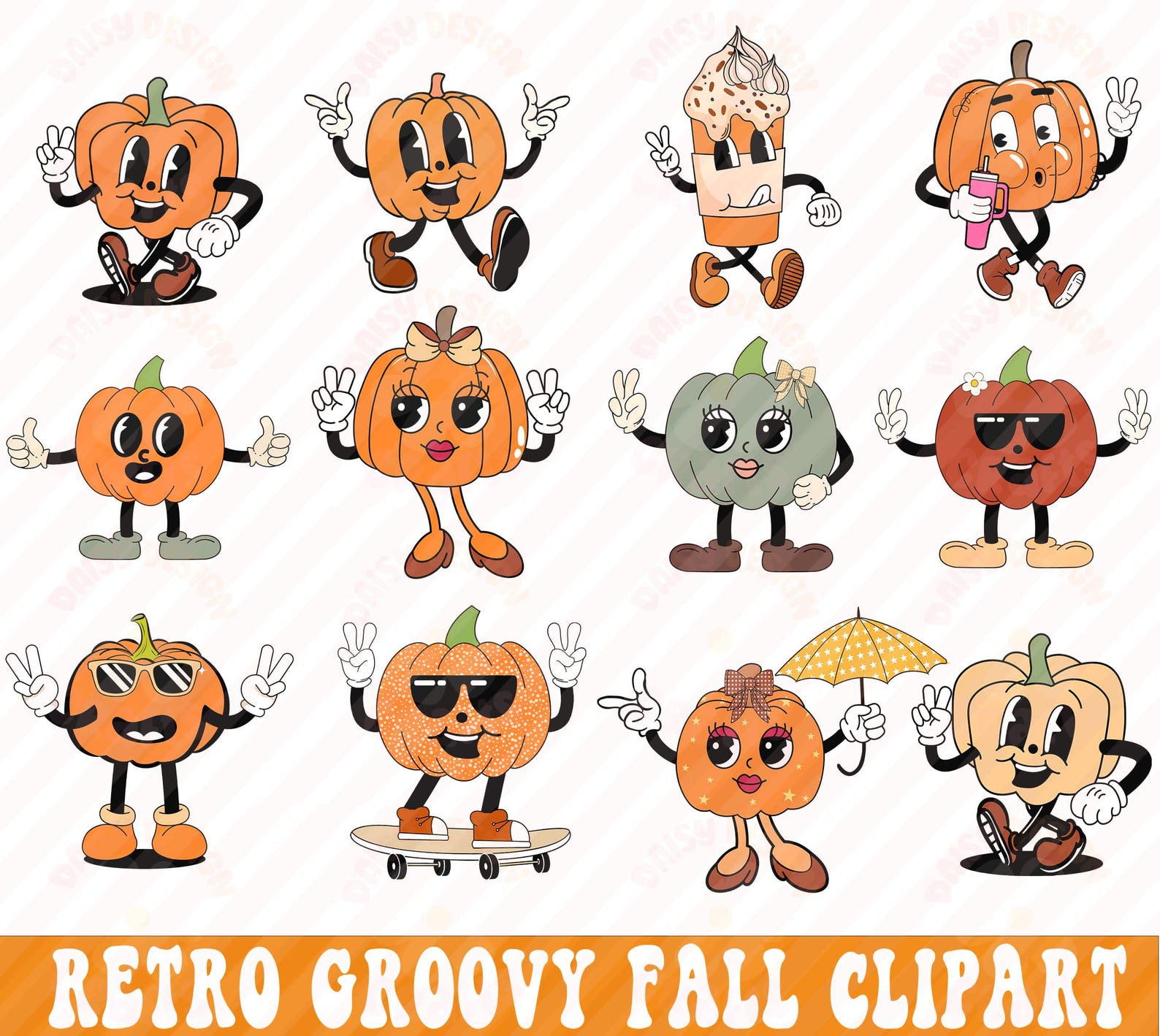 Retro Fall Clipart Png Bundle, Groovy Fall Png Bundle, Autumn Clipart ...