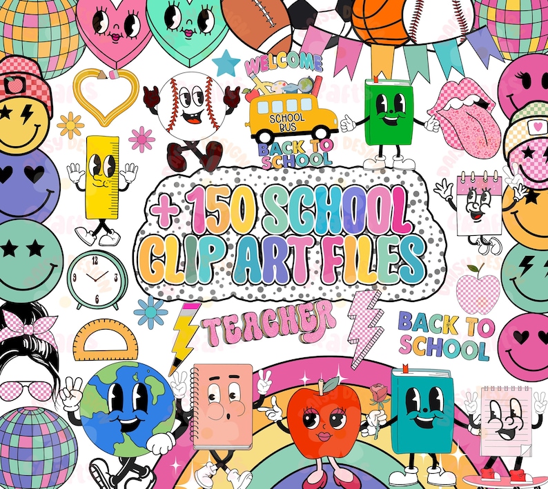 Retro School Clipart Bundle, Teacher Clipart Education, Teacher Png ...