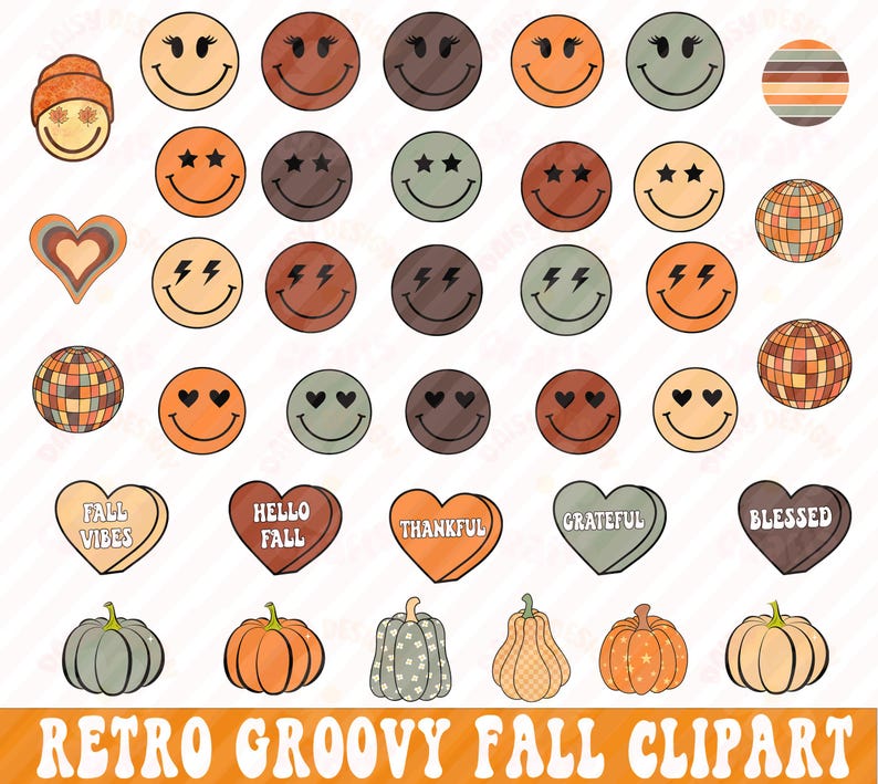 Retro Fall Clipart Png Bundle, Groovy Fall Png Bundle, Autumn Clipart ...