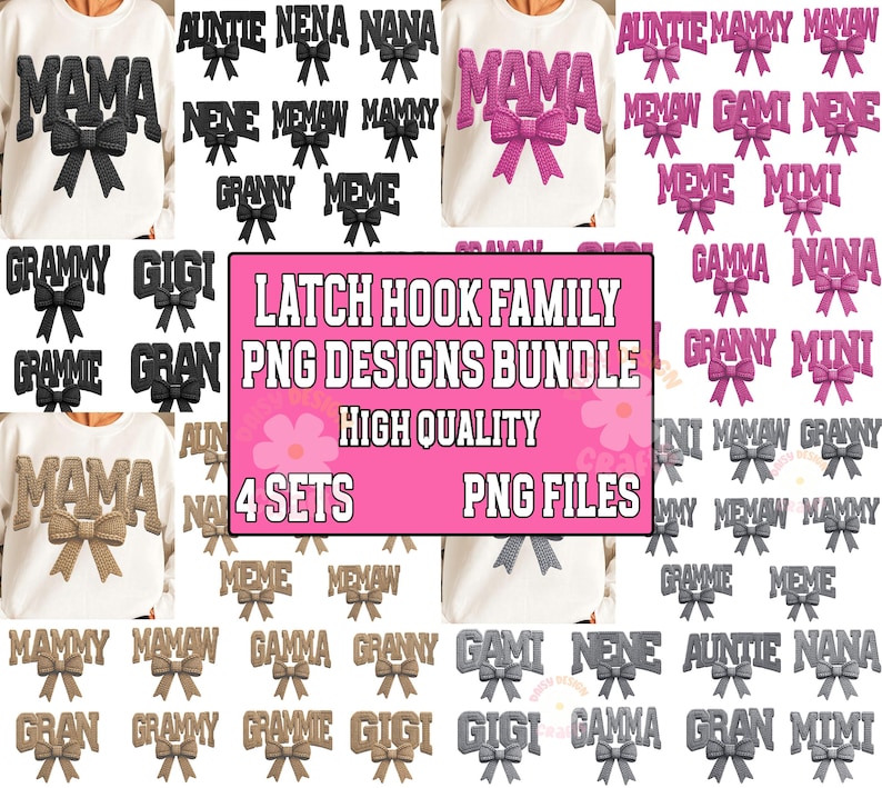 Latch Hook Family Png Bundle, Faux Yarn Bow Png, 3D Crochet Mama Mini ...