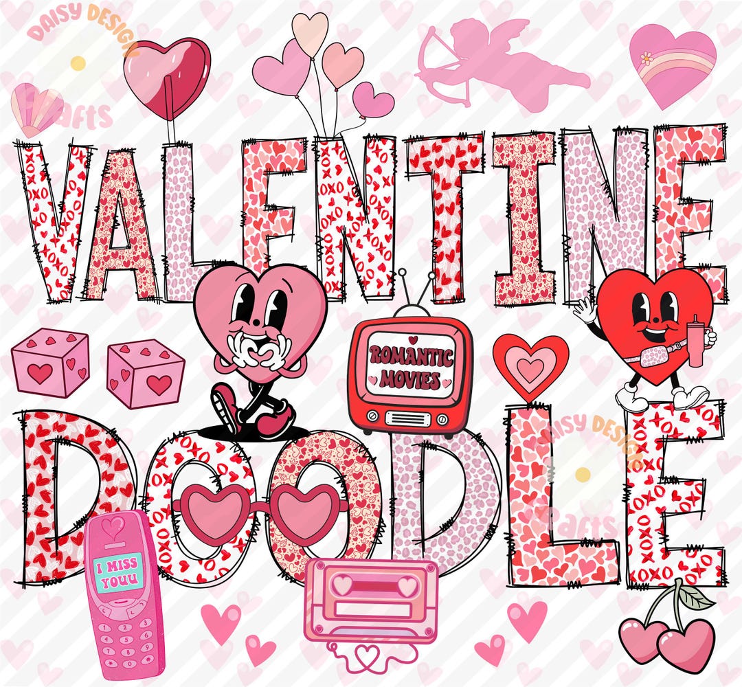 Valentine Day Doodle Letters PNG, Retro Valentine Clipart Png, Doodle ...