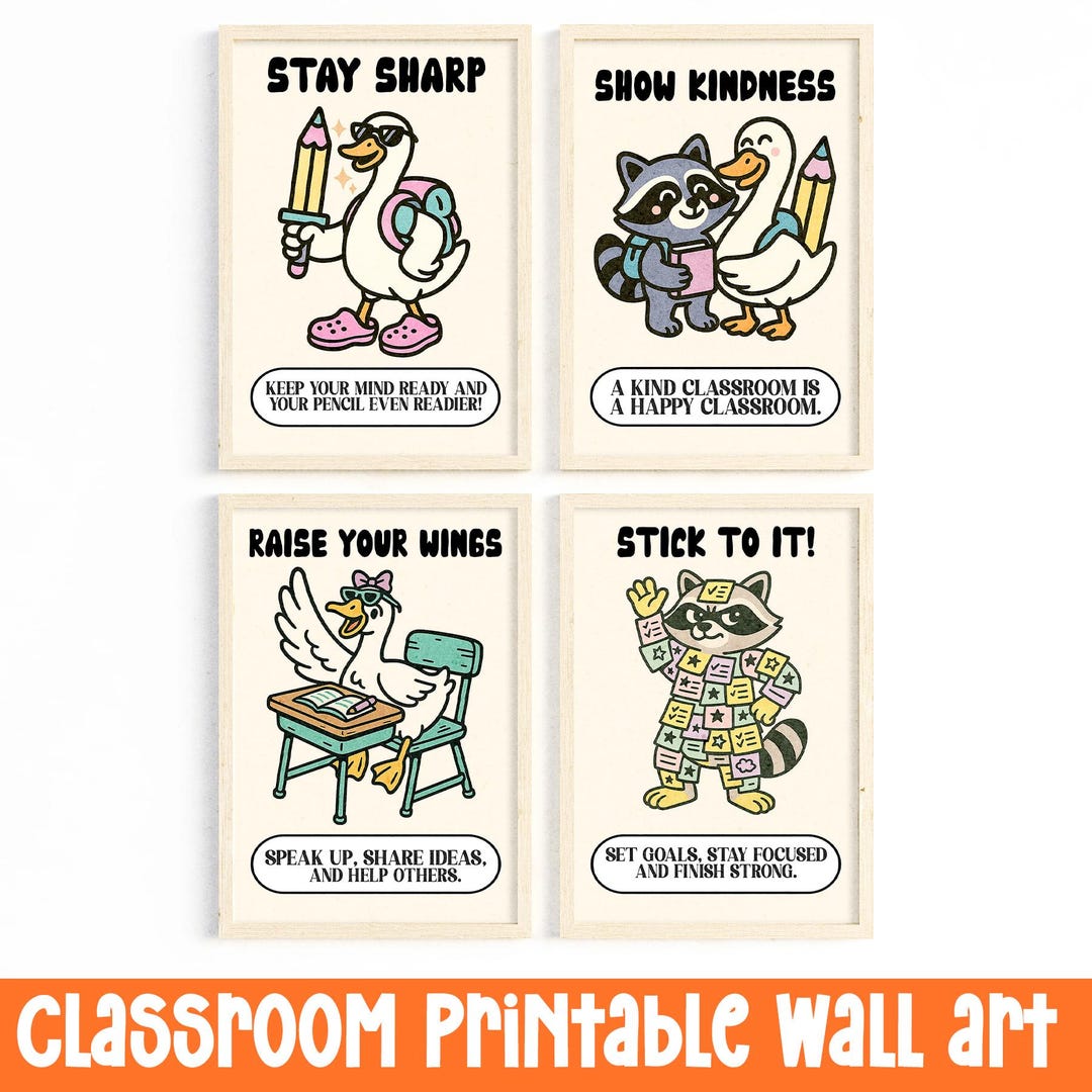 Funny Goose Classroom Wall Art Print, 4 Retro Sets Inspirational ...