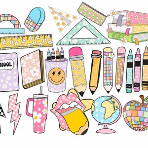 Groovy School Clipart Bundle, Retro Back to School Supplies Clip Art ...