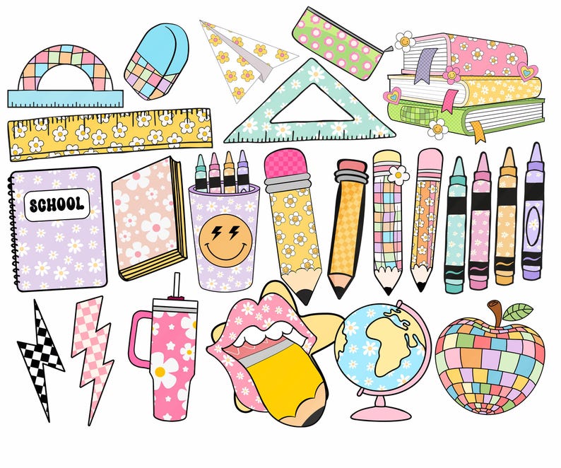 Preppy Back to School Clipart Bundle, Retro School Supplies Clipart ...