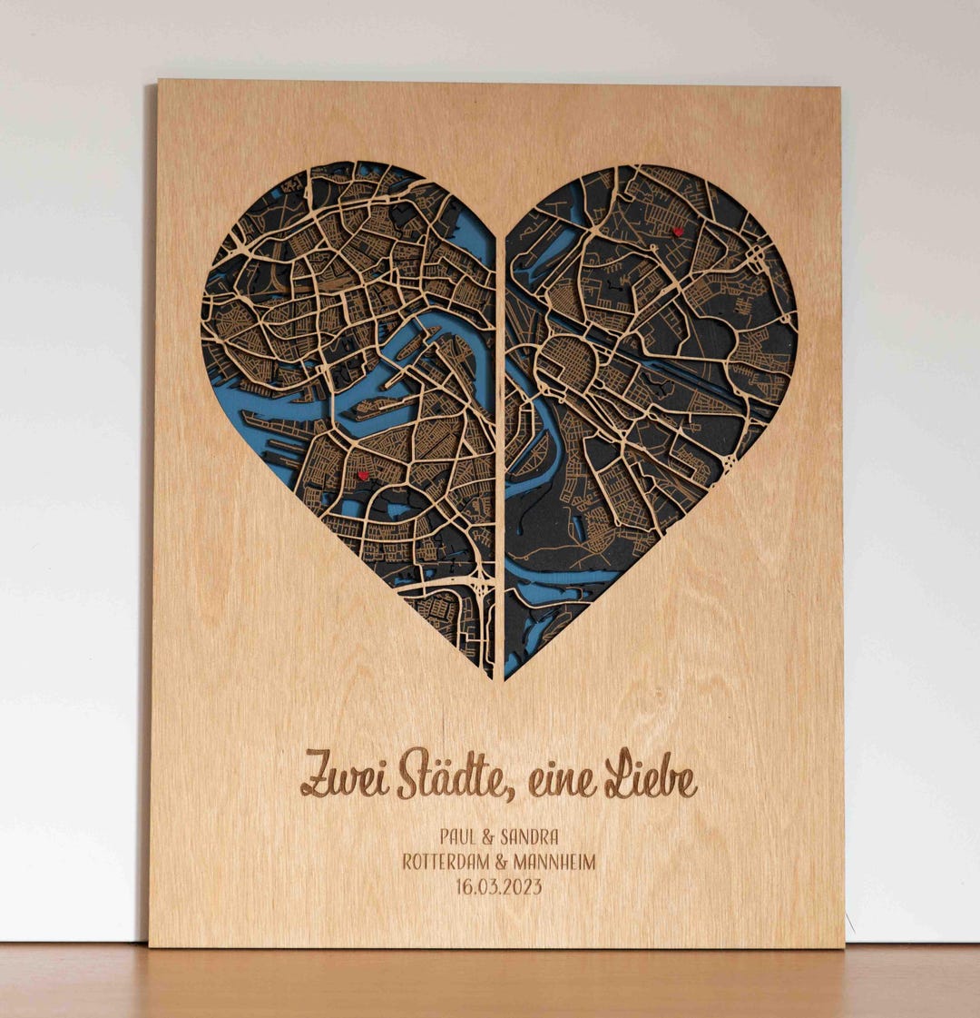 Two Cities, One Love Wooden City Map – 30 X 40 Cm Heart – Wedding ...